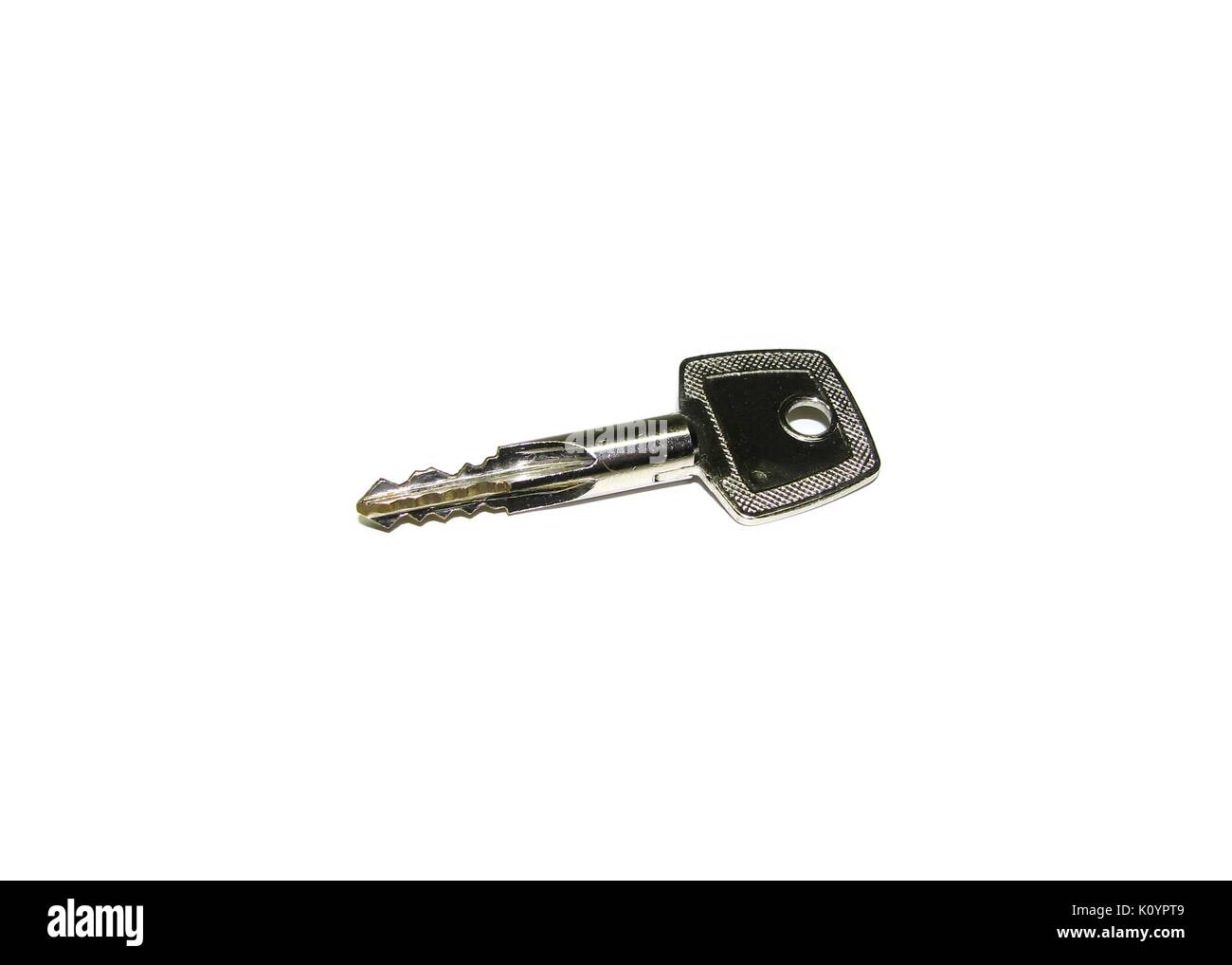 Single metal secure key isolated on white background, horizontal view ...
