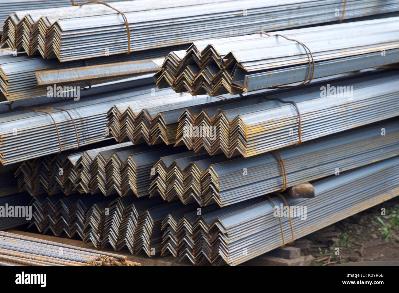 Metal profile angle in packs at the warehouse of metal products, Russia ...