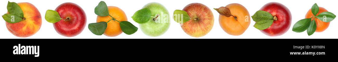 Fruits top view from above apple orange isolated on white in a row ...