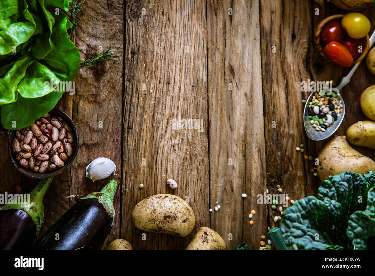 Vegetables on wood. Bio Healthy food, herbs and spices. Organic ...