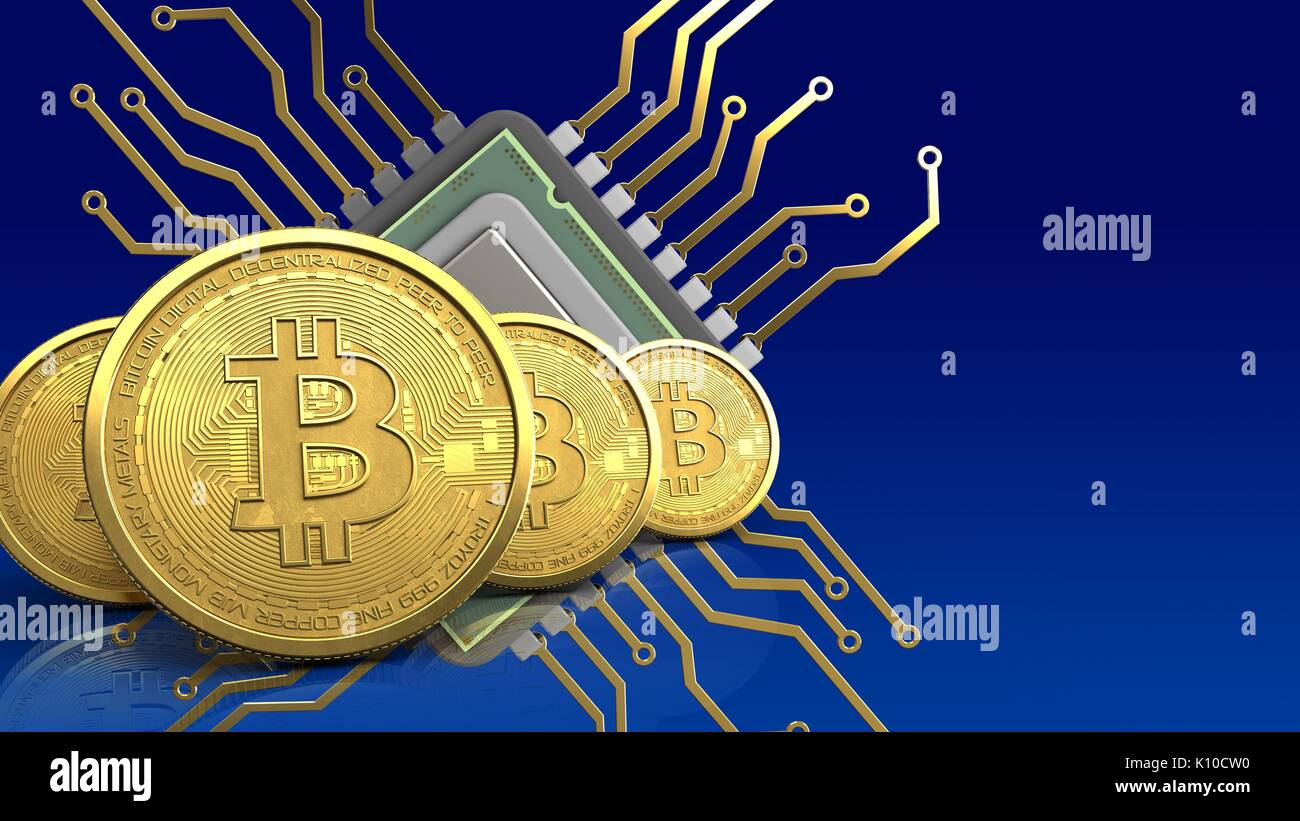 3d illustration of cpu over blue gradient background with bitcoins row ...