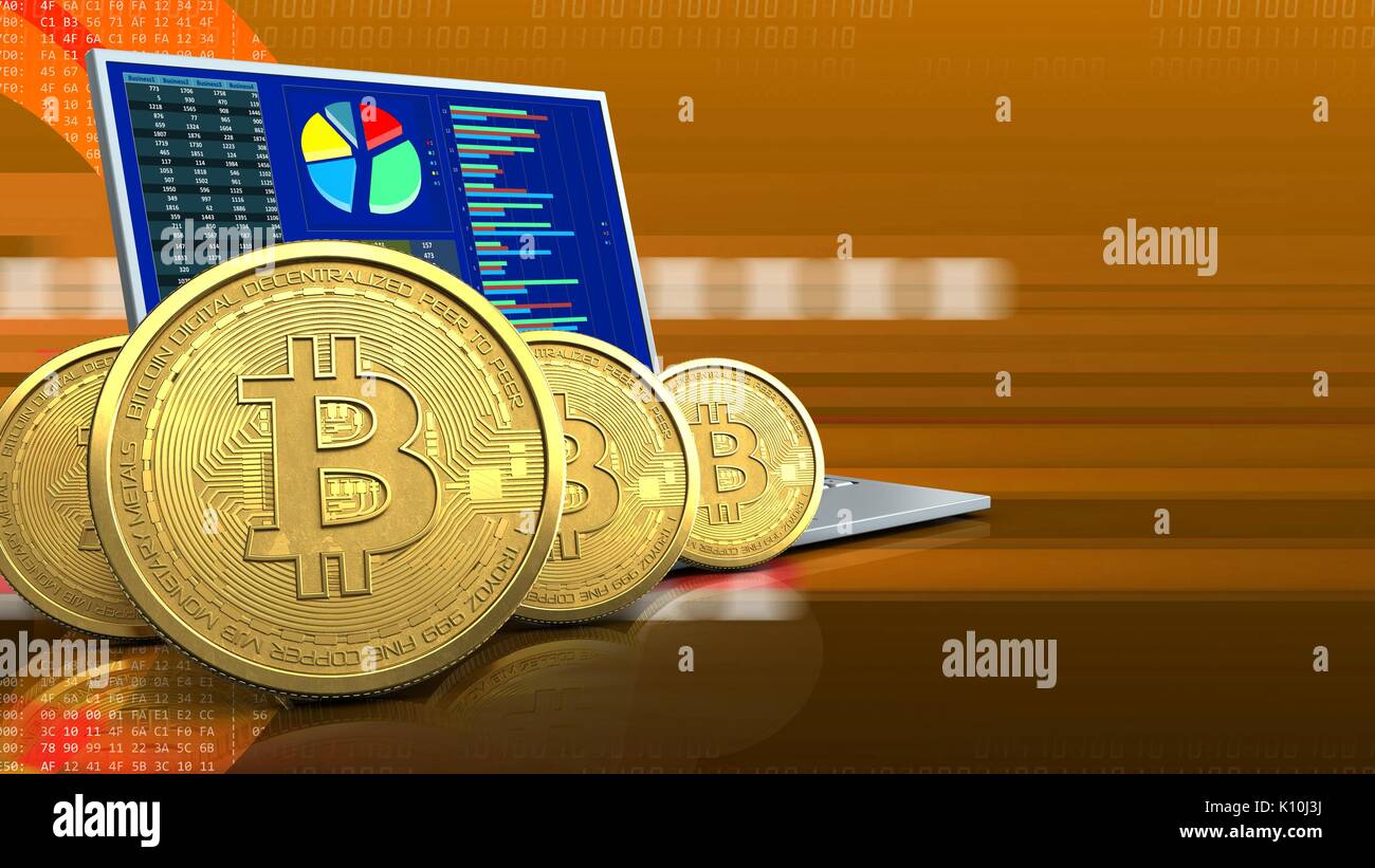 3d illustration of computer over orange cyber background with bitcoins ...