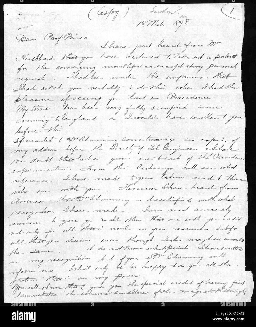 Bell 1877 letter page 1 Stock Photo - Alamy