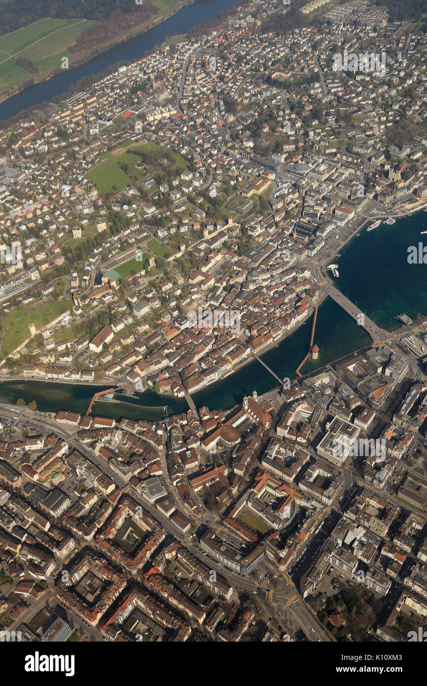 Switzerland Lucerne Chapel Bridge vertical Luzern City aerial view ...