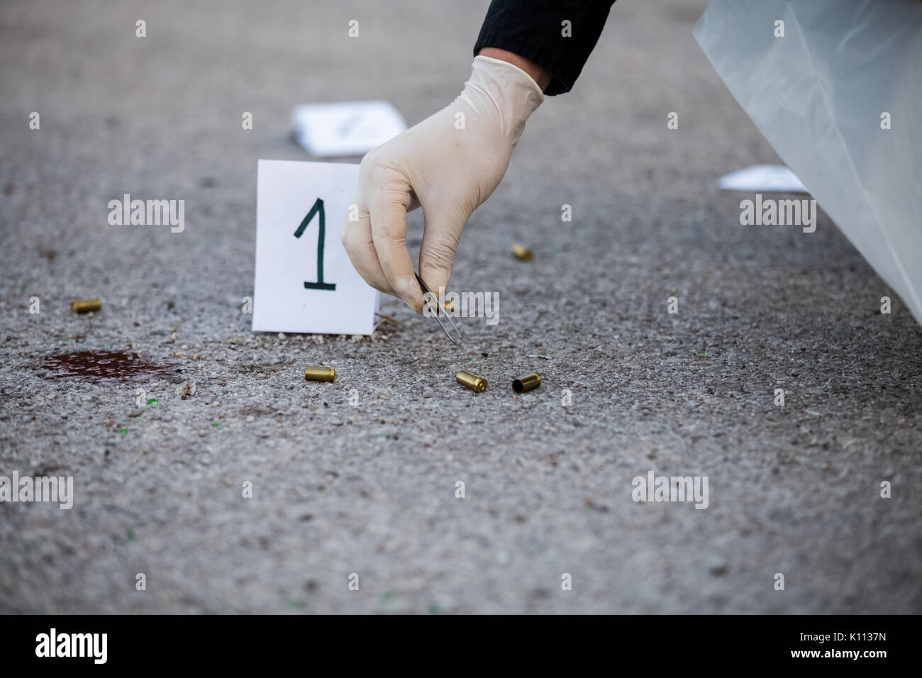 The crime scene, murder, investigation, sleeves shots serve as evidence ...