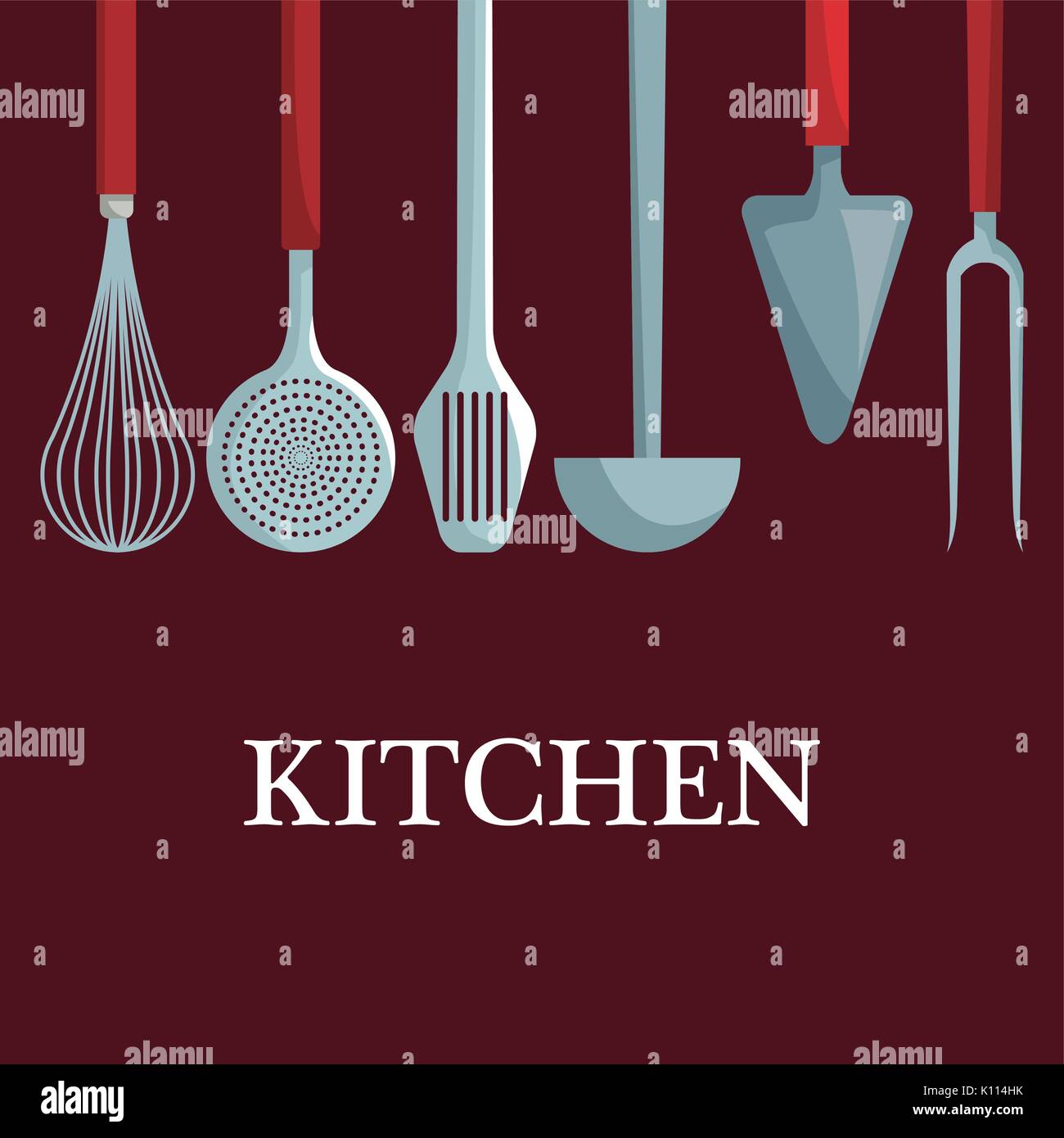red color background with different utensils of kitchen hanging Stock ...
