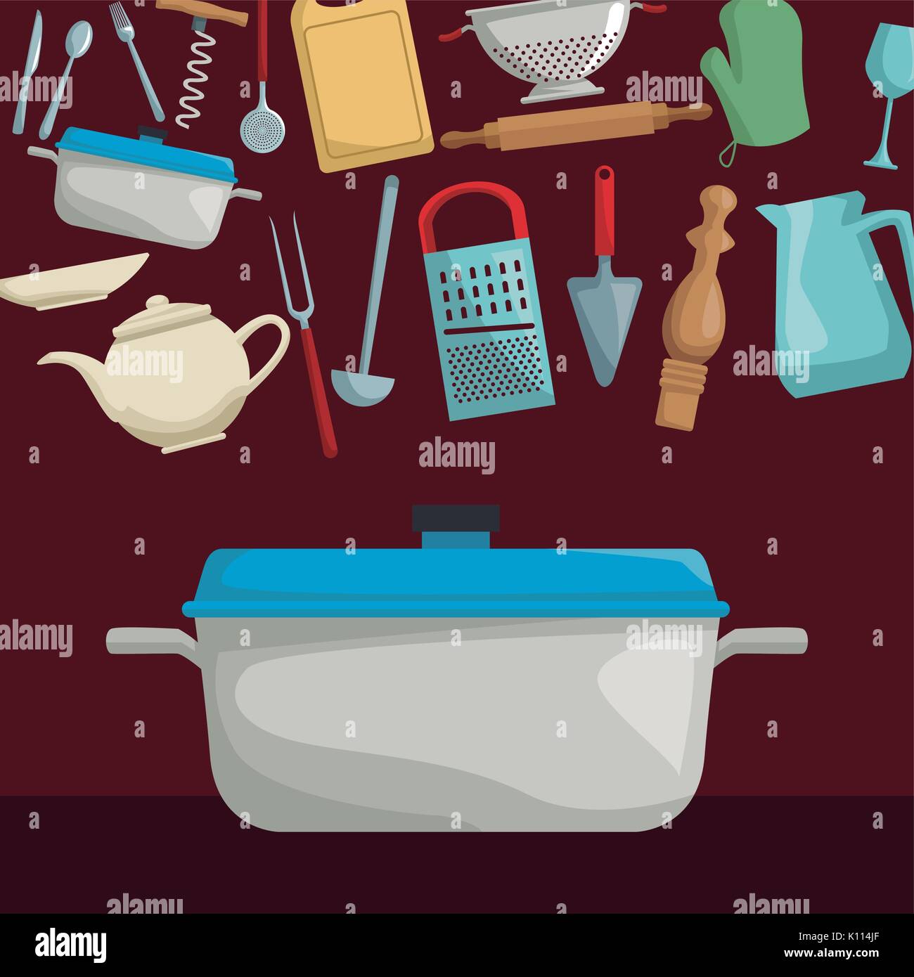 color poster of floating set realistic utensils of cooking kitchen with ...