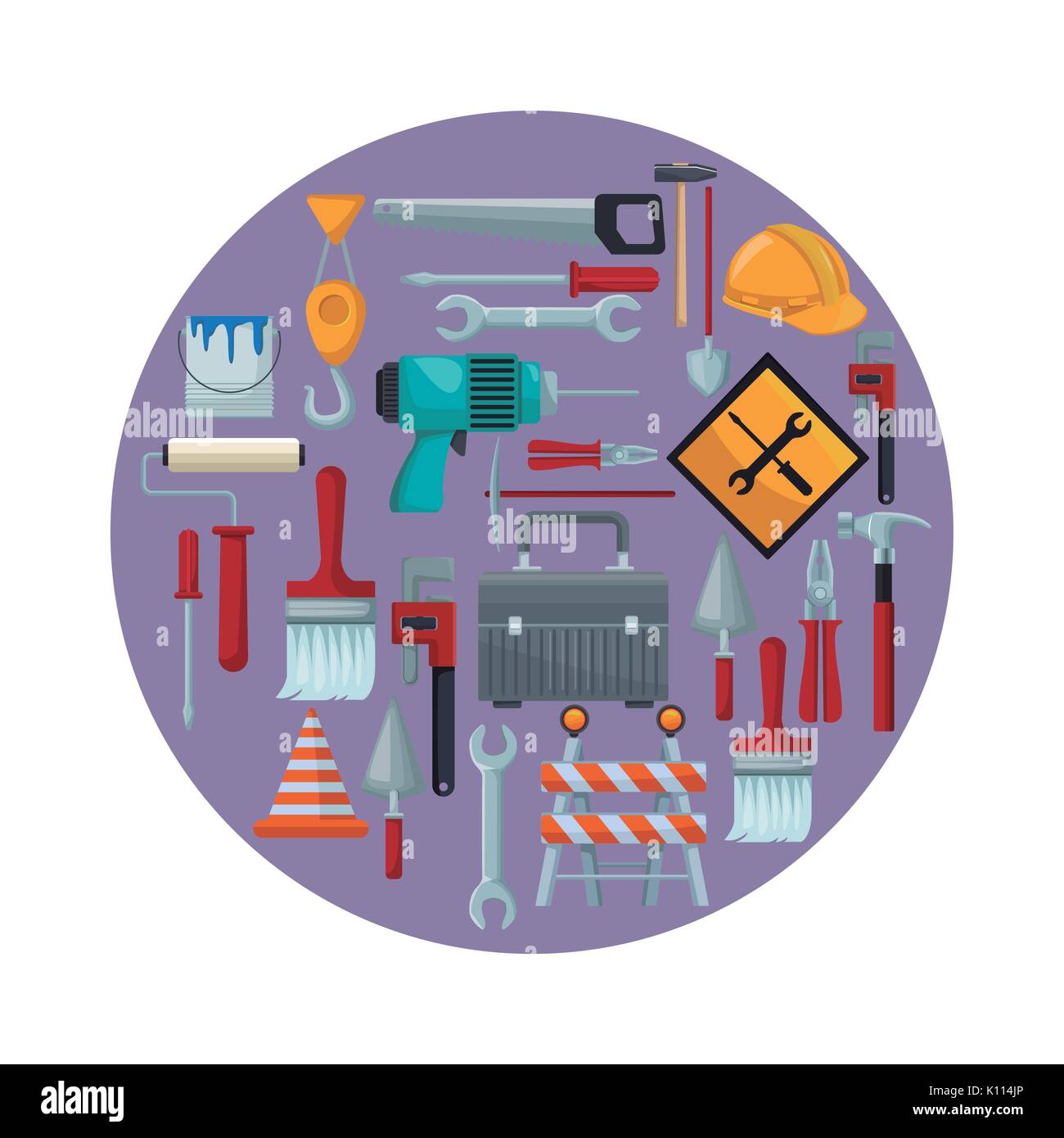 white background with colorful circular frame with icons of tools ...