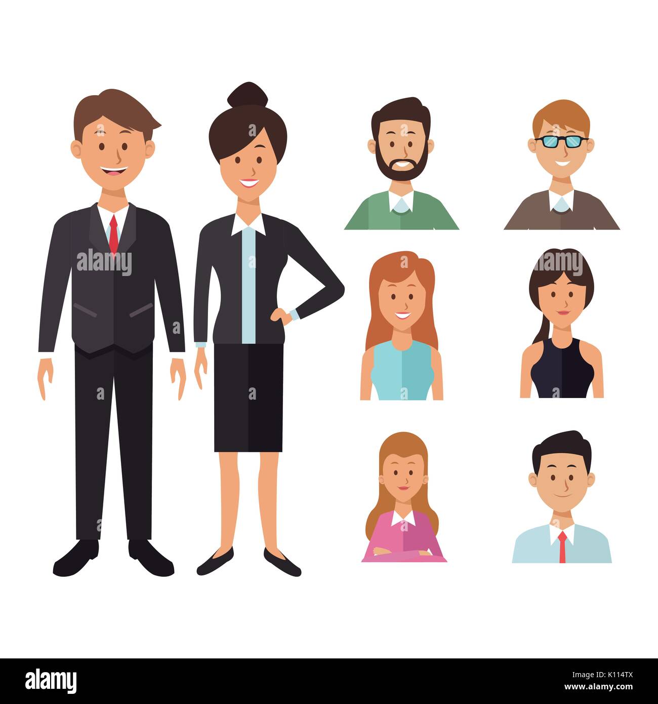 white background with full body executive couple and half body icons ...