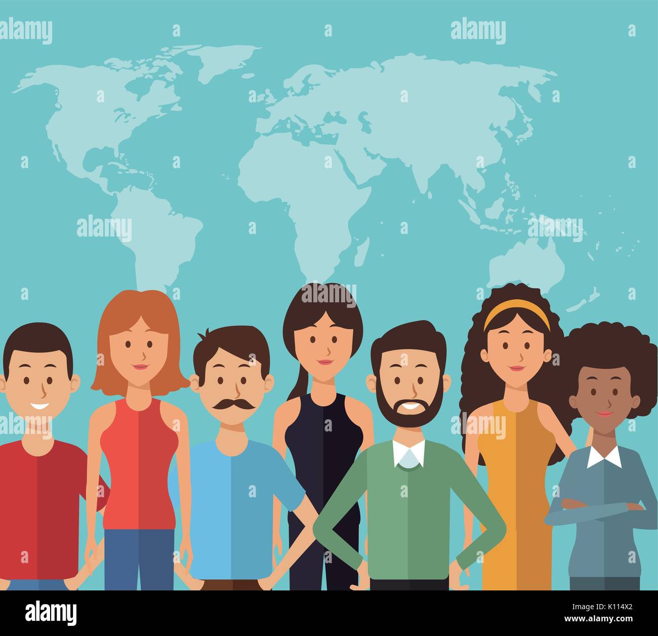 color background with map silhouette of the world with half body group ...