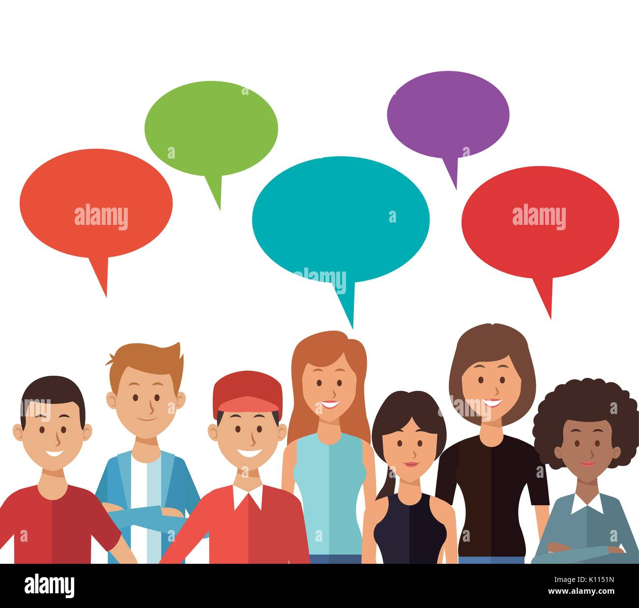white background with set dialogue boxes and half body group people ...