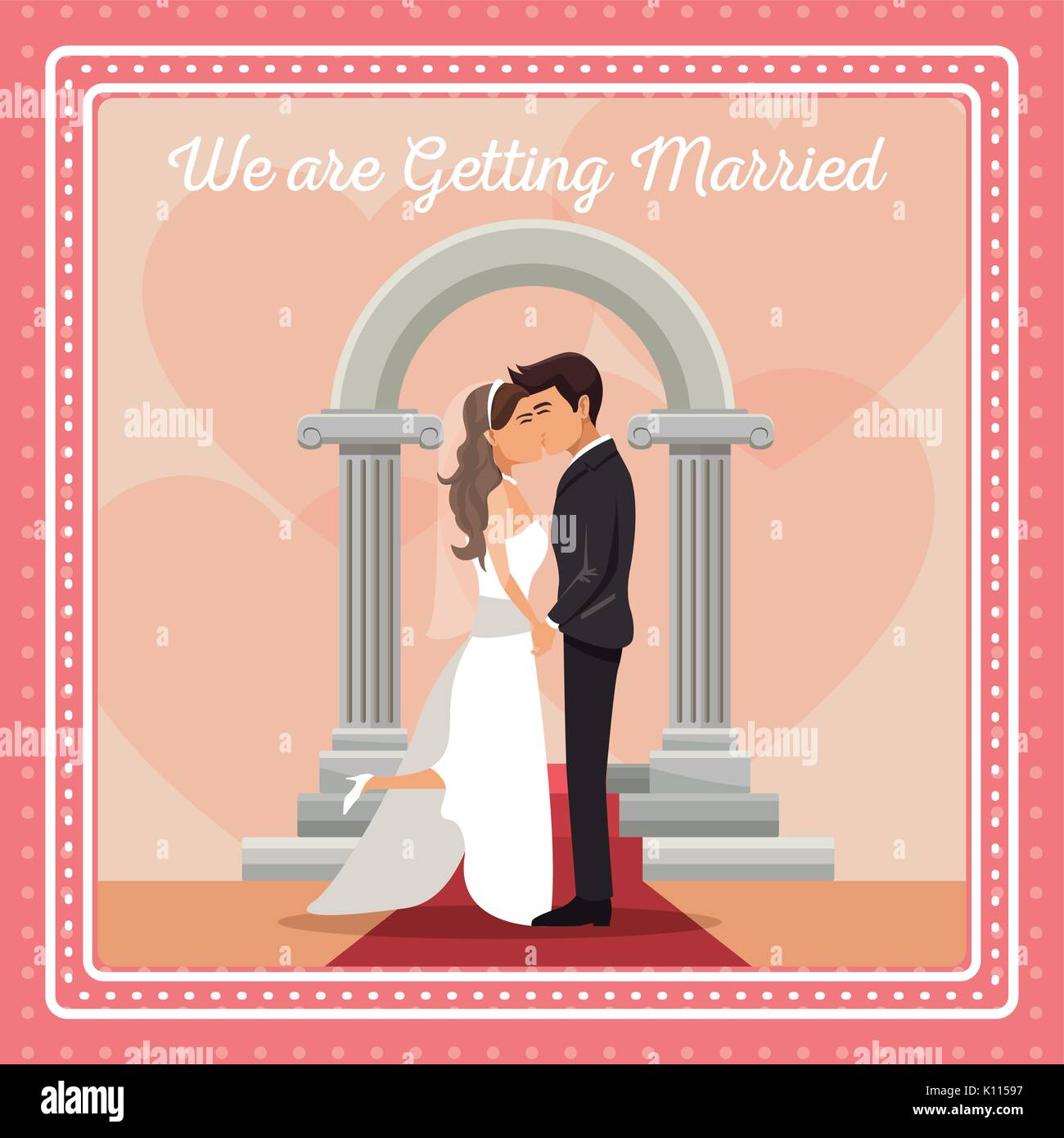 colorful gretting card with couple groom and bride kissing text we are ...