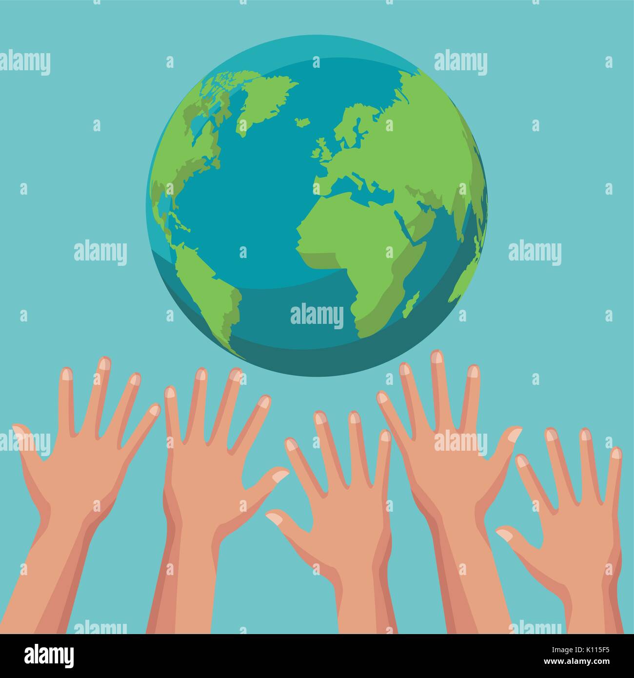 color poster group of human hands trying to reach a earth world vector ...