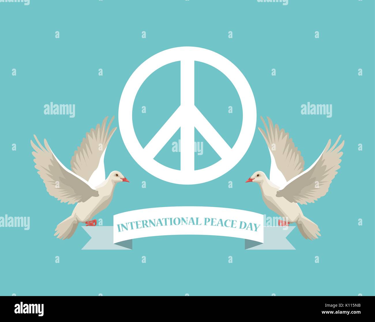 color poster with white peace and love symbol and pair pigeons flying ...