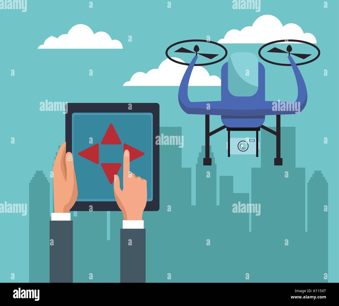 sky landscape with buildings scene and people handle remote control ...