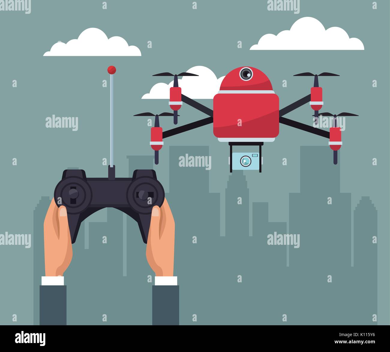 sky landscape with buildings scene and people handle remote control ...