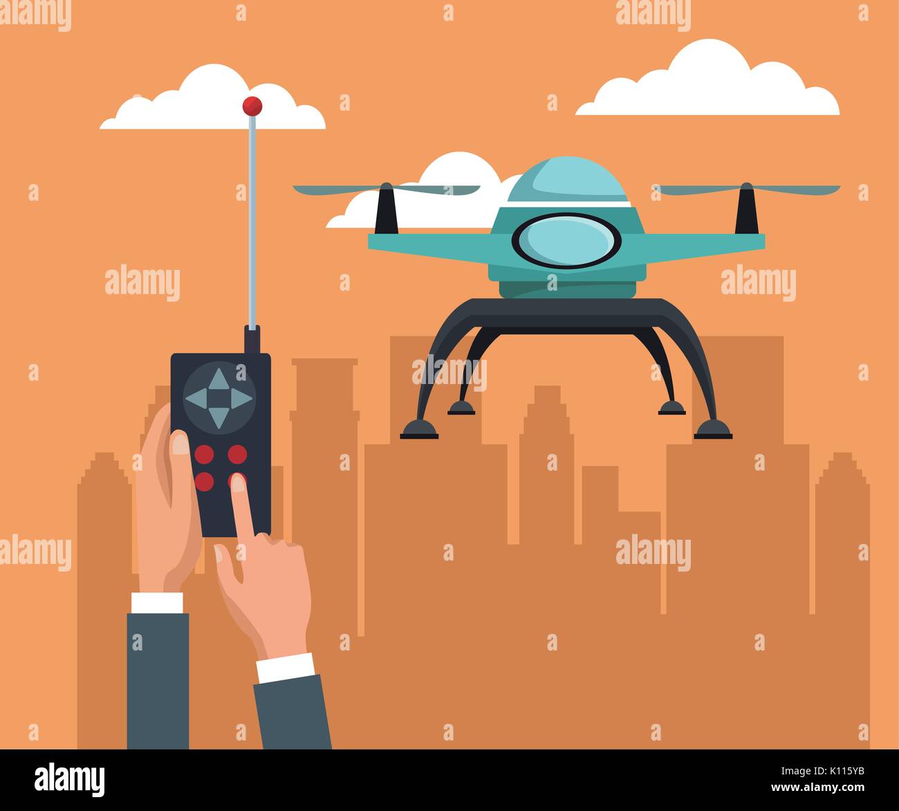 sky landscape with buildings scene and people handle remote control ...