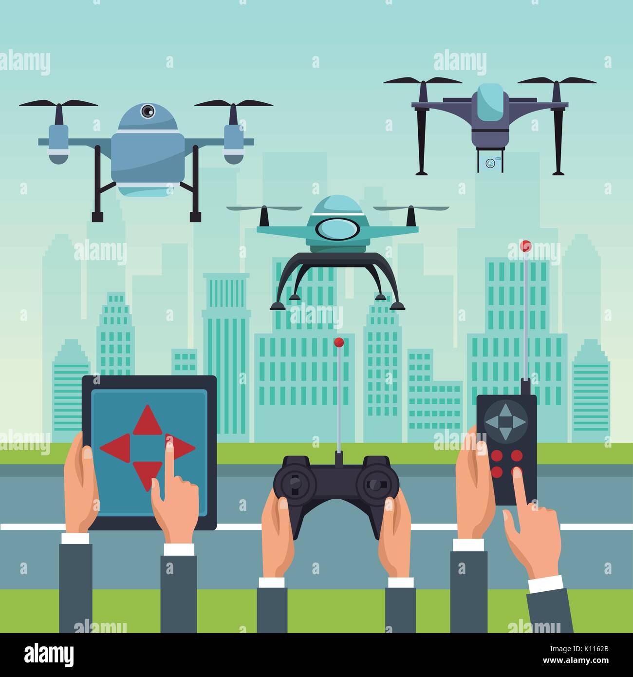 sky landscape with buildings and street scene with people handle ...