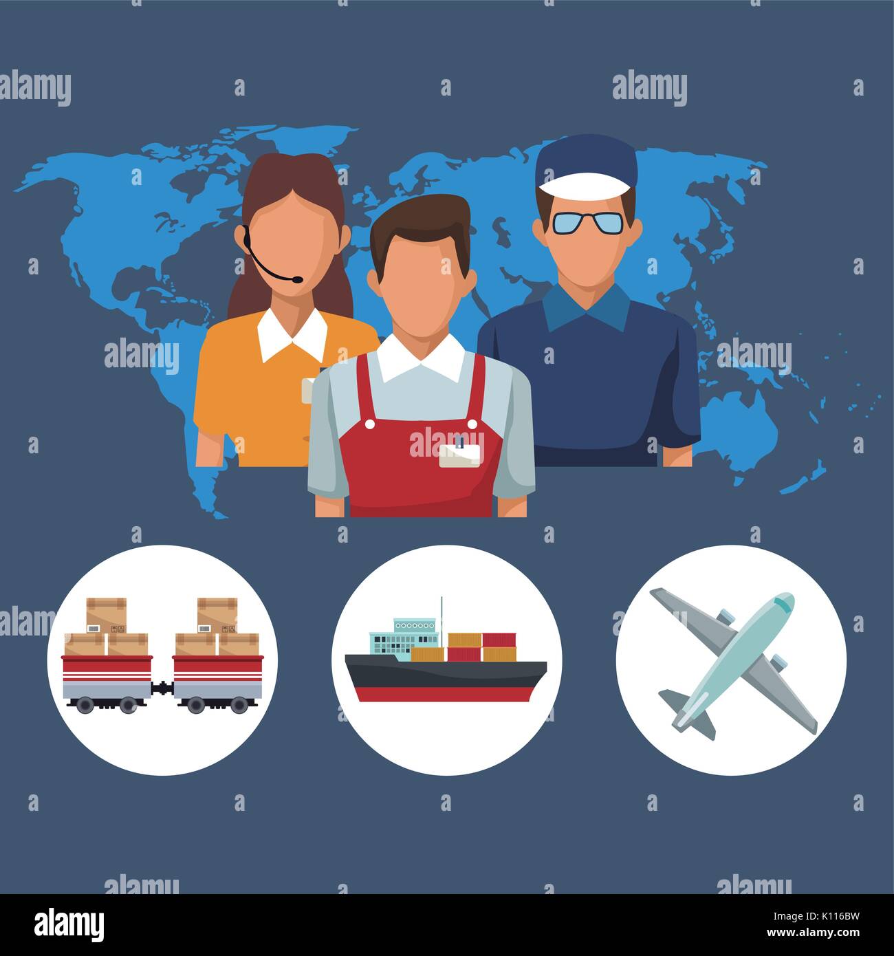 color silhouette world map background with icons people logistics and ...