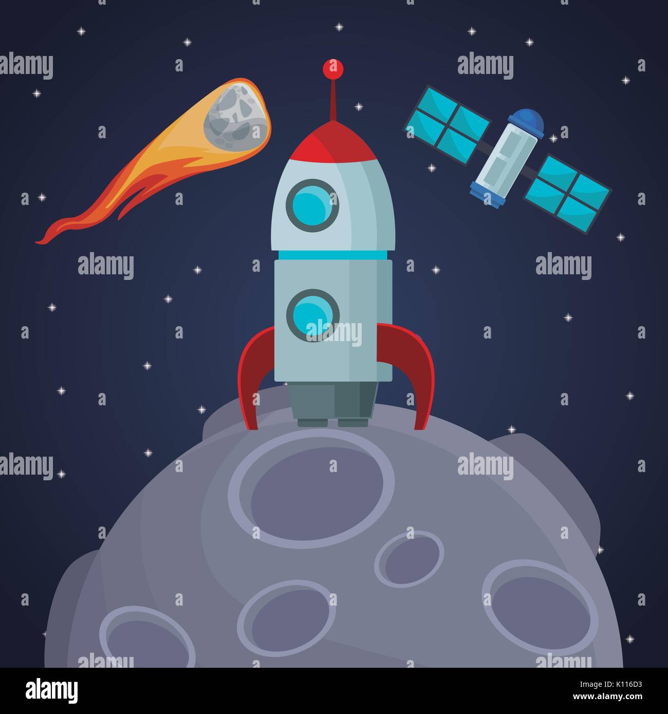 color space landscape background with rocket over planet and view ...