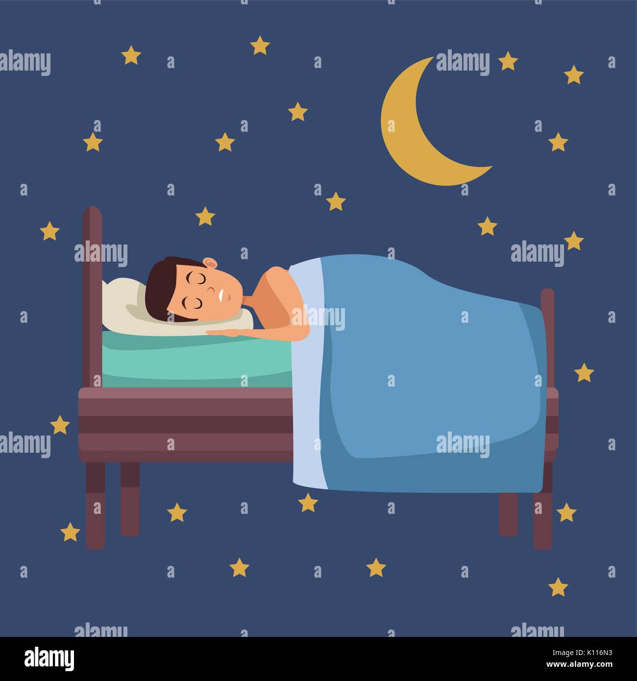 colorful scene of night with guy sleep in bed with moon and stars Stock ...