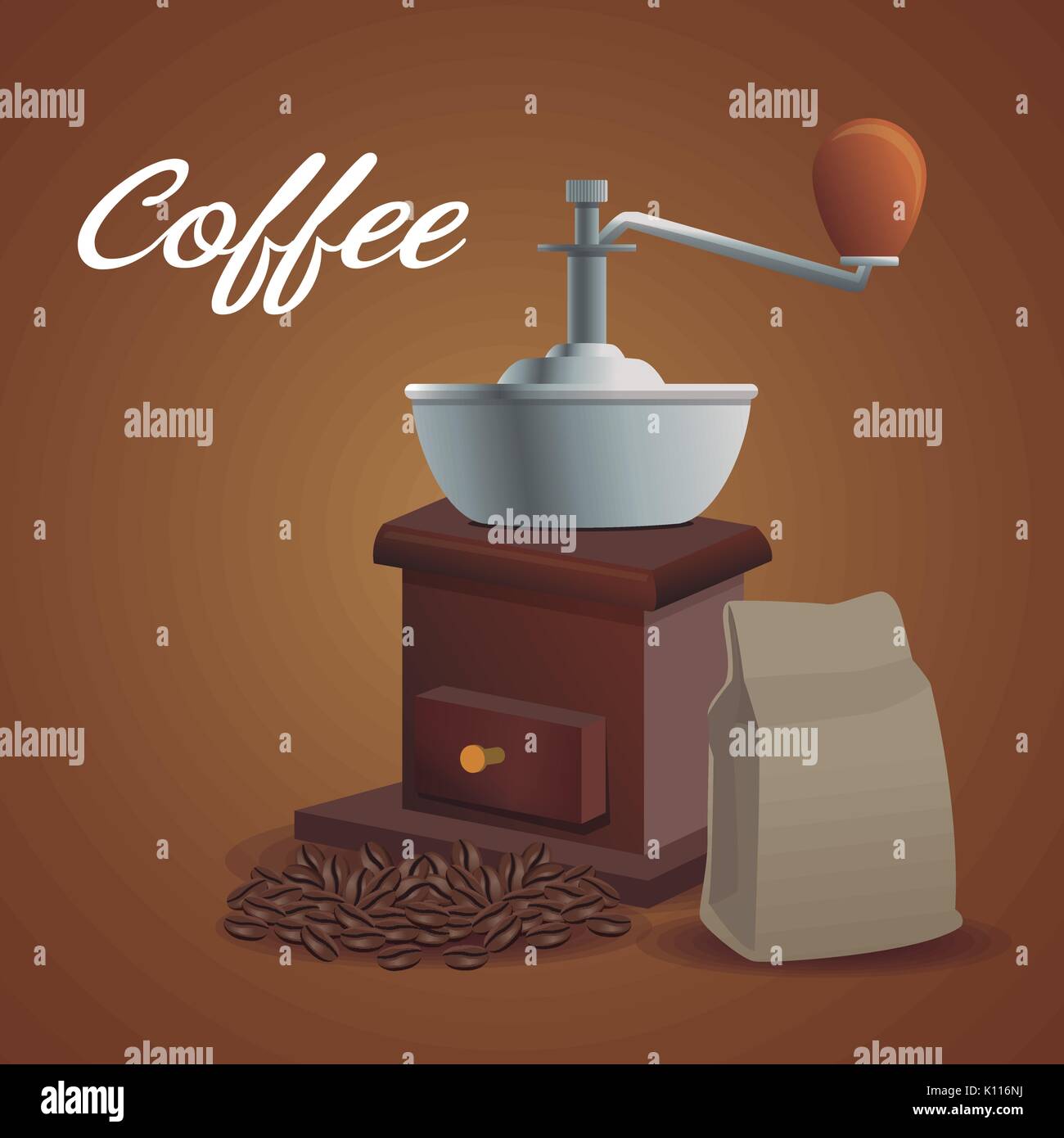 color poster grinding with crank and package and coffee beans Stock ...