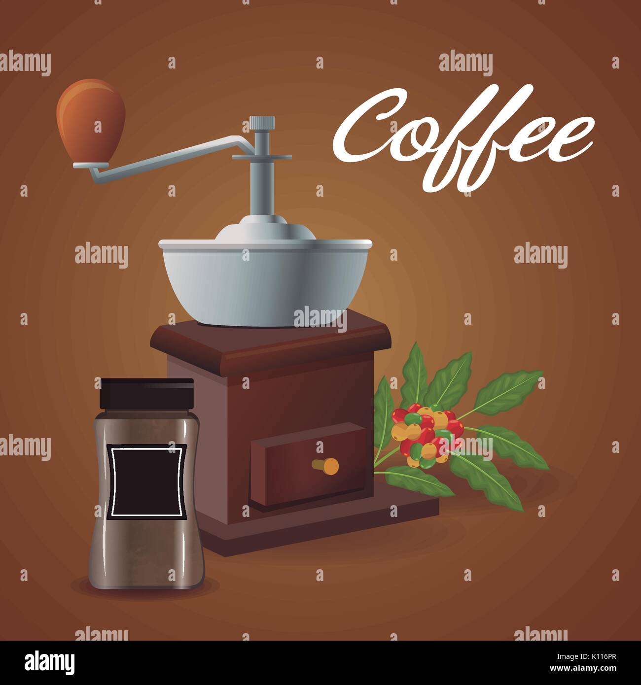 color poster grinding with crank and glass container of coffee Stock ...