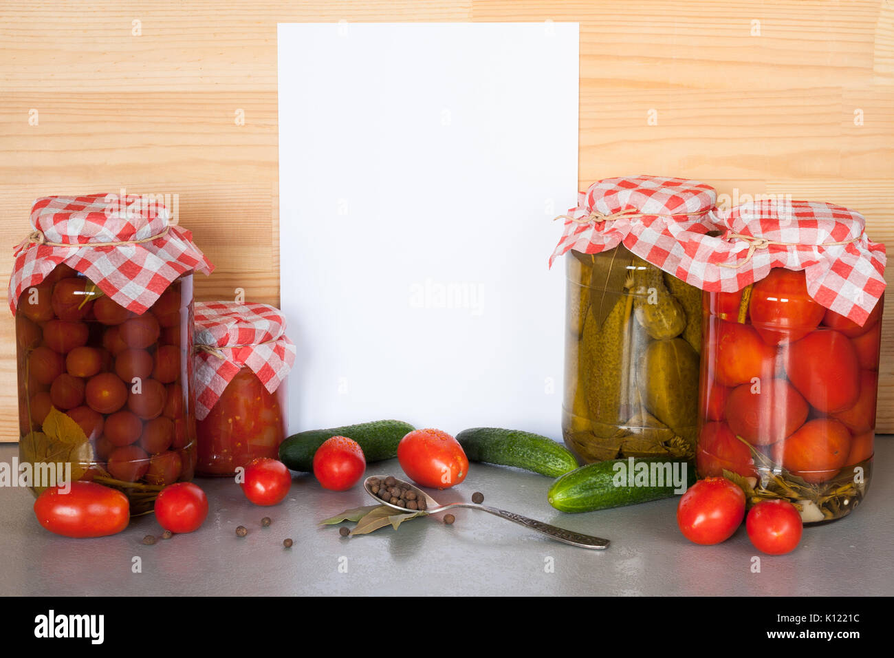 Blank Paper And Homemade Canned And Fresh Vegetables On Table ...