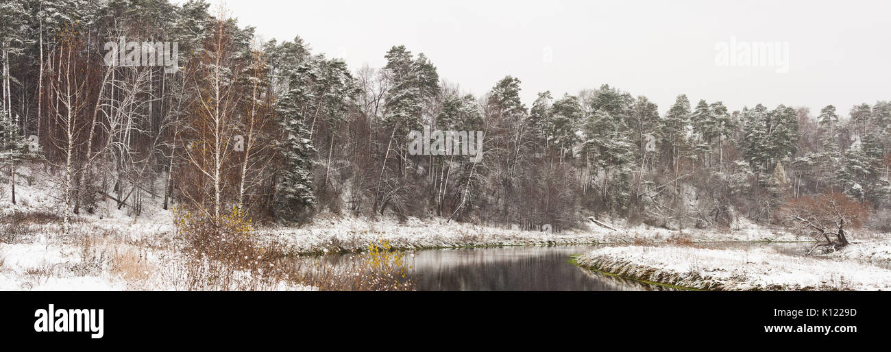 First Snow. Beautiful Winter Landscape With River. Panorama Stock Photo ...