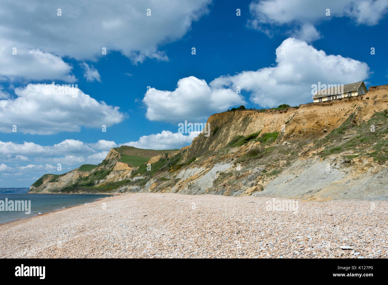 View along the shingle beach toward Thornecombe Beacon from Eype Mouth ...