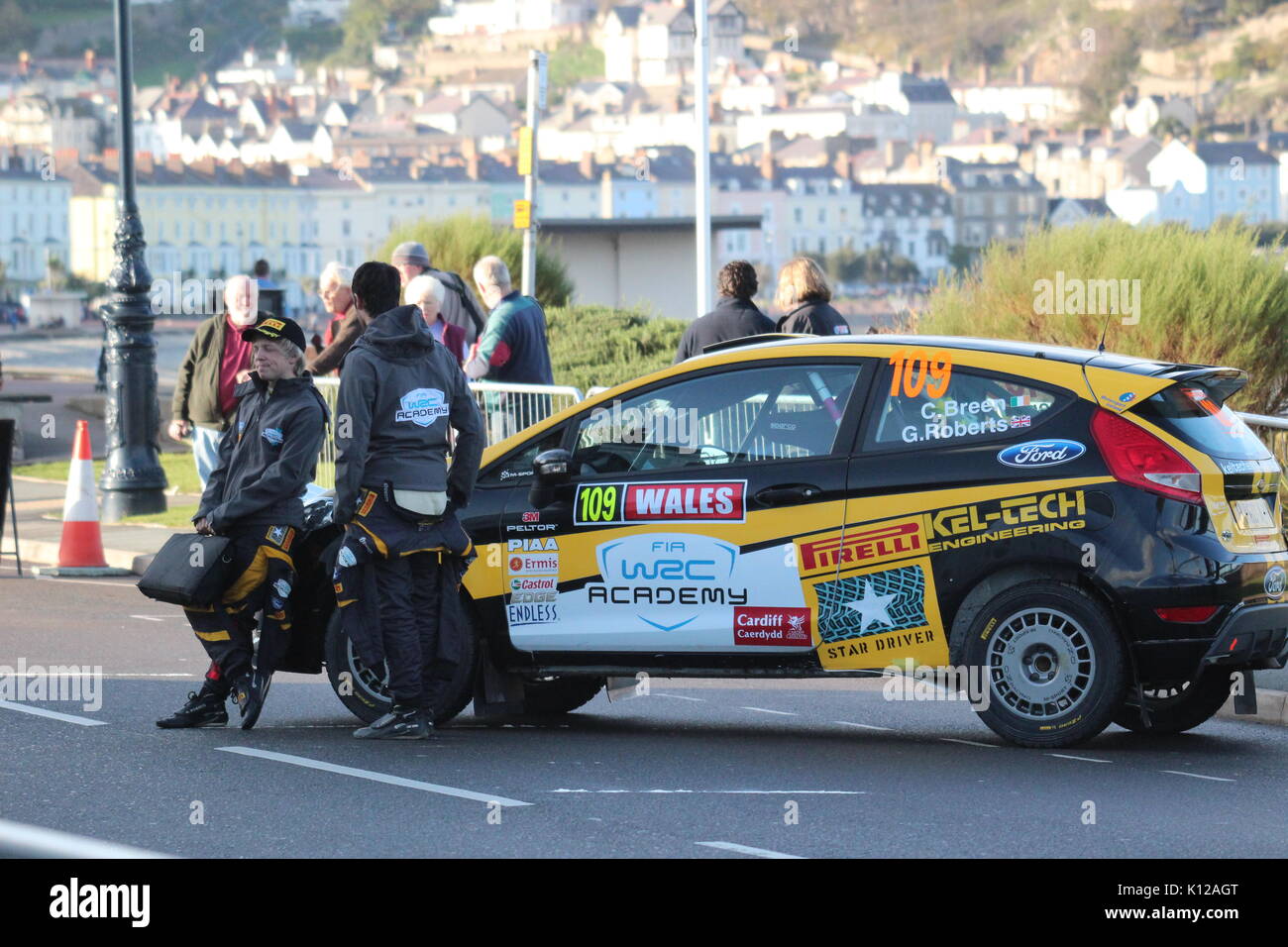 Rally cars on the seafront in Llandudno Wales at the start of the welsh ...