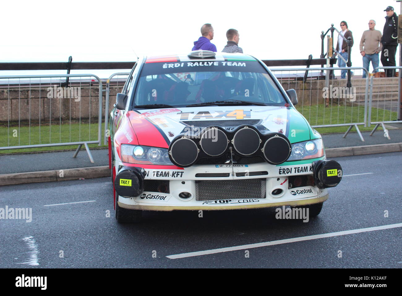 Rally cars on the seafront in Llandudno Wales at the start of the welsh ...