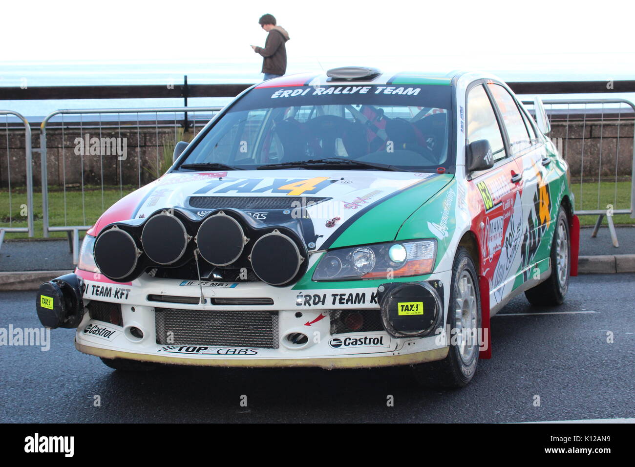 Rally cars on the seafront in Llandudno Wales at the start of the welsh ...
