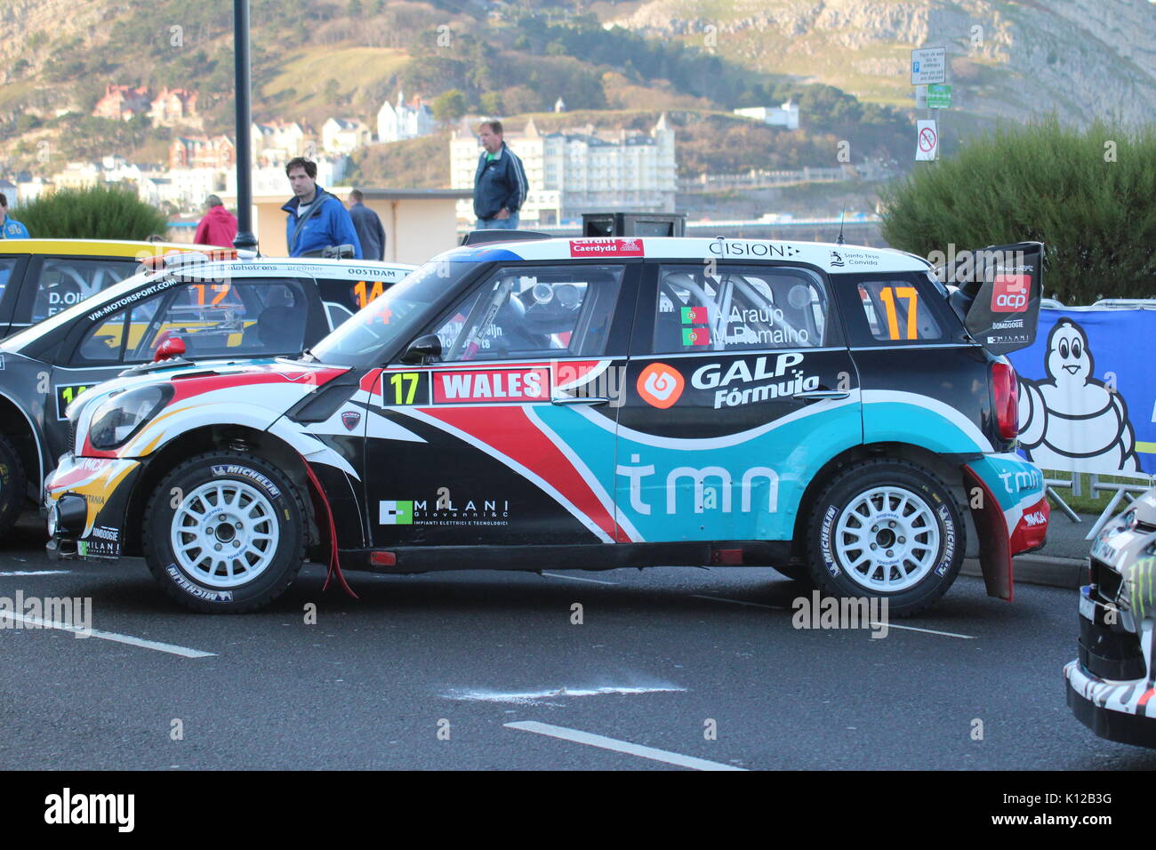 Rally cars on the seafront in Llandudno Wales at the start of the welsh ...
