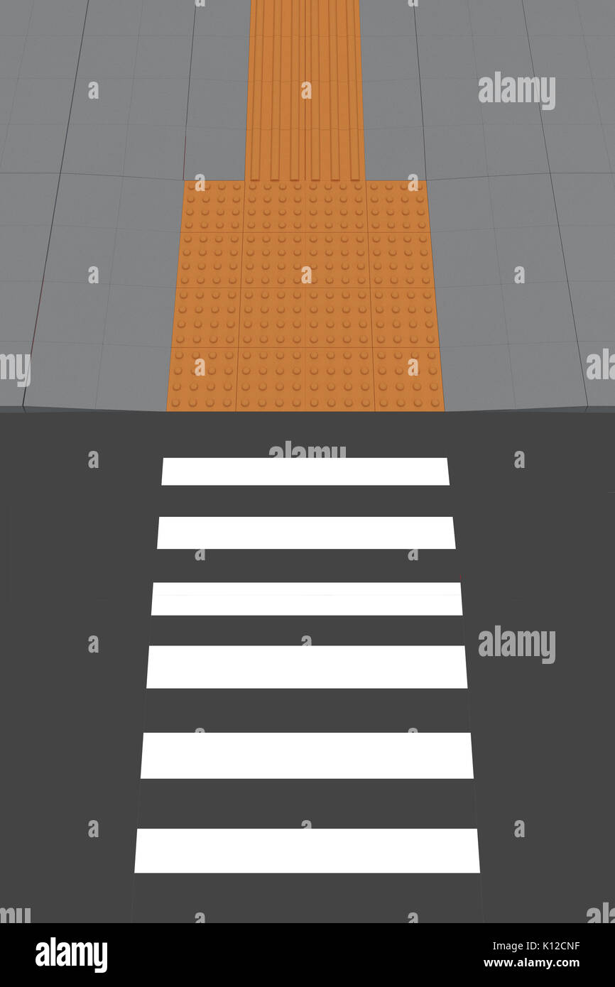 3D illustration of tactile paving on a sidewalk, leading to pedestrian ...