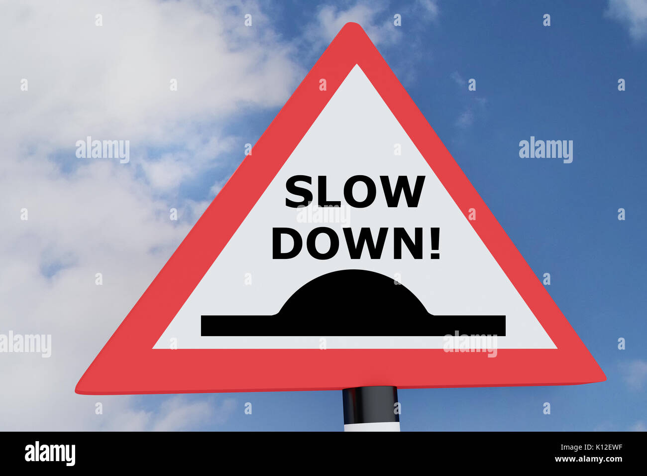 3D illustration of "SLOW DOWN!" script on road sign Stock Photo - Alamy