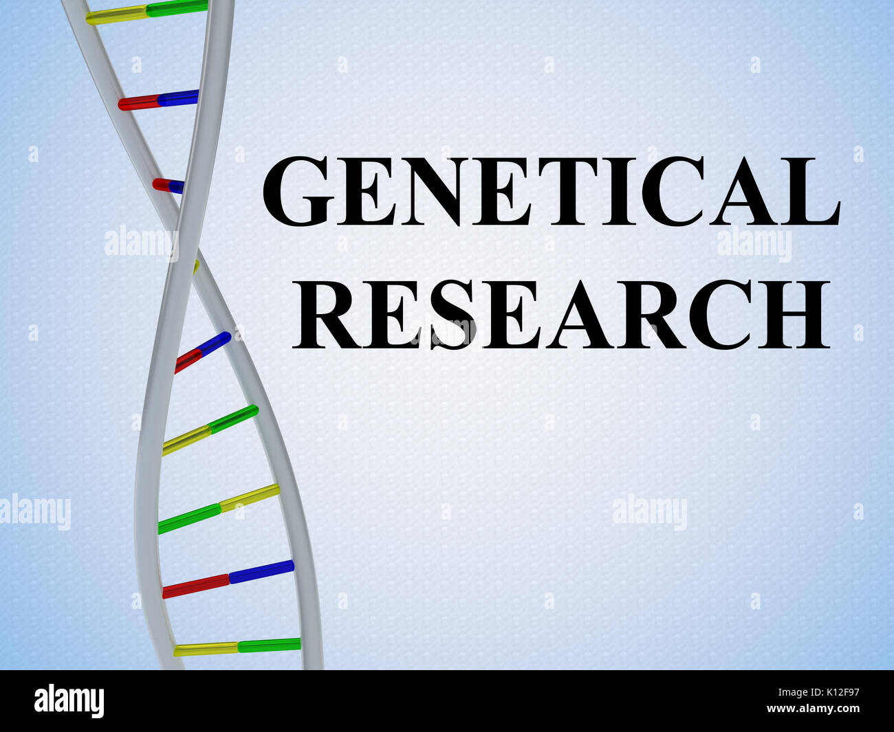 3D illustration of "GENETICAL RESEARCH" script with DNA double helix ...