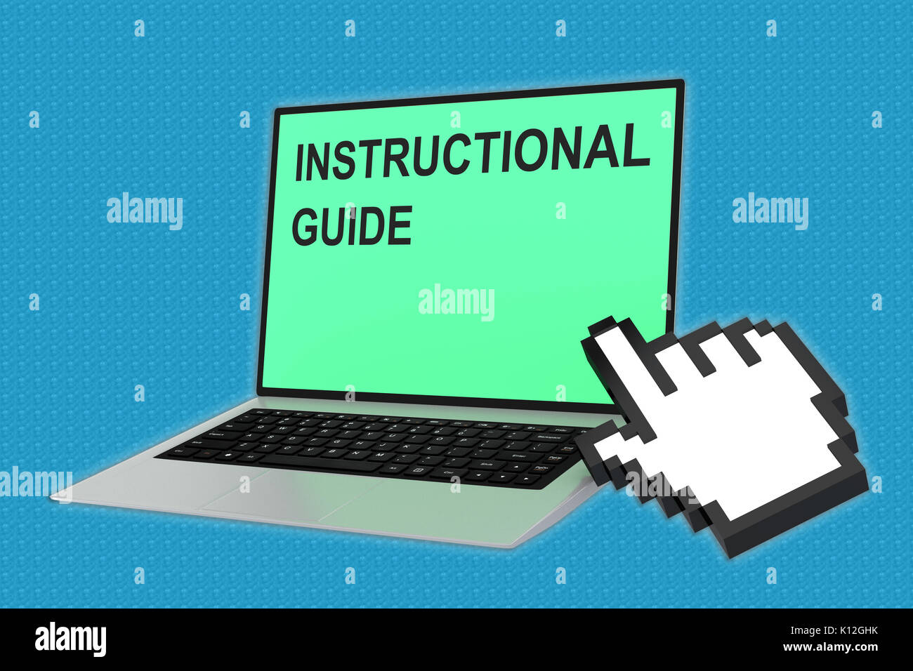 3D illustration of "INSTRUCTIONAL GUIDE" script with pointing hand icon ...