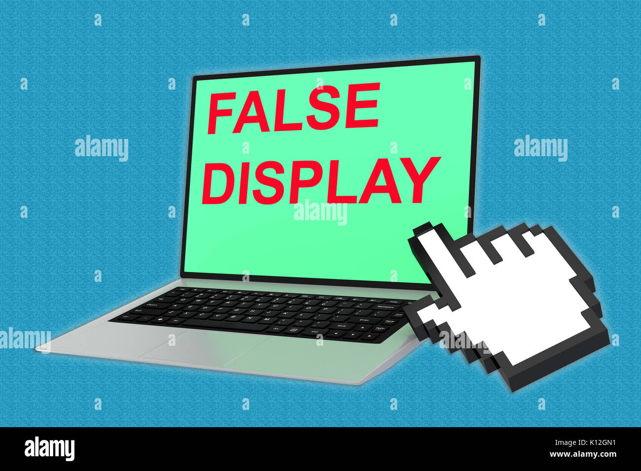 3D illustration of "FALSE DISPLAY" script with pointing hand icon ...