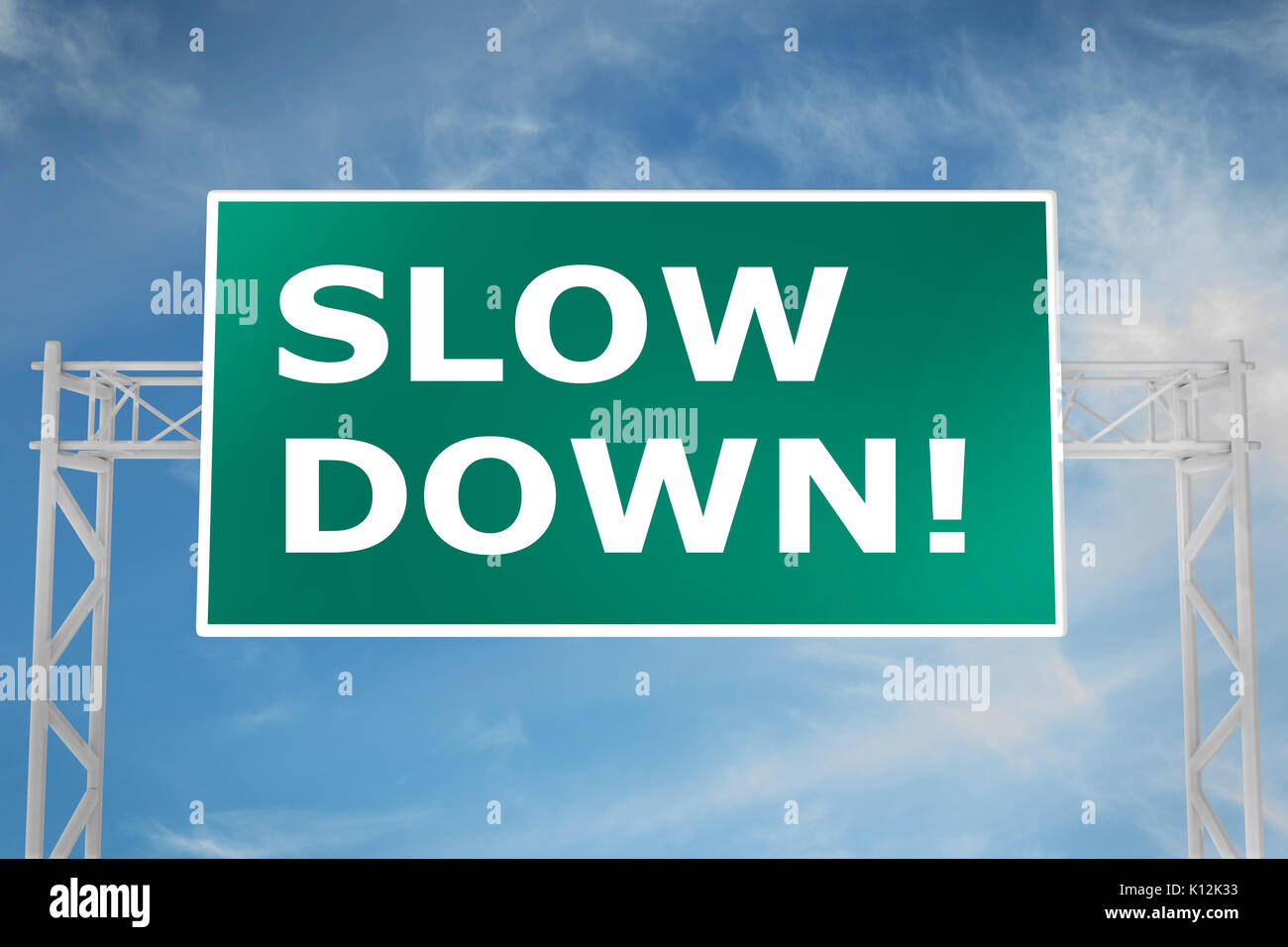 3D illustration of "SLOW DOWN!" script on road sign Stock Photo - Alamy