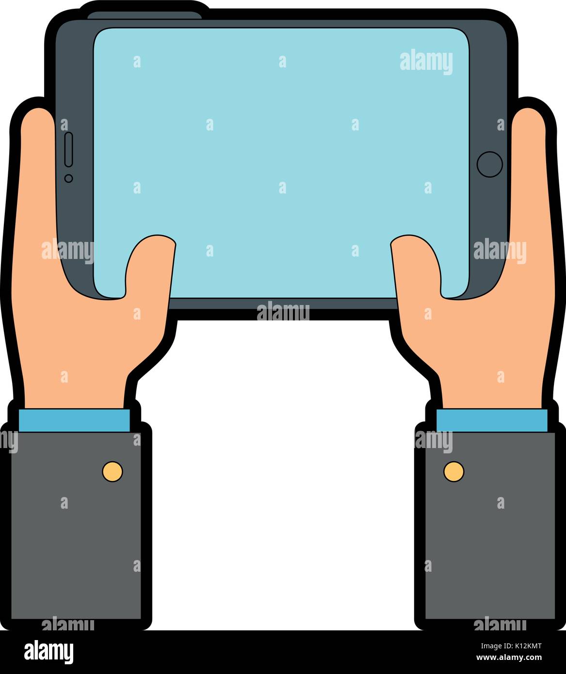 hand holding a smartphone device icon over white background vector ...