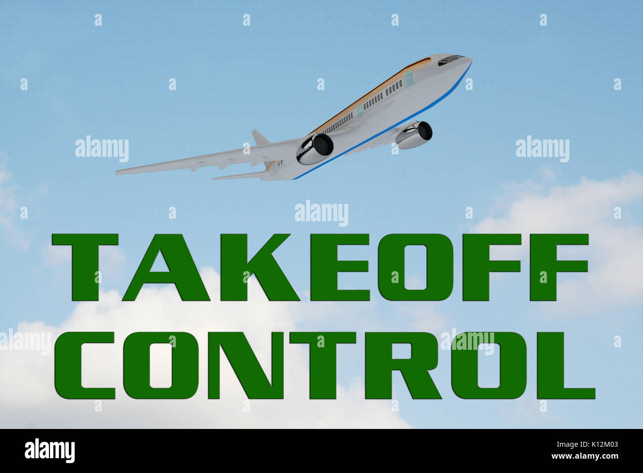 3D illustration of "TAKEOFF CONTROL" title on cloudy sky as a ...