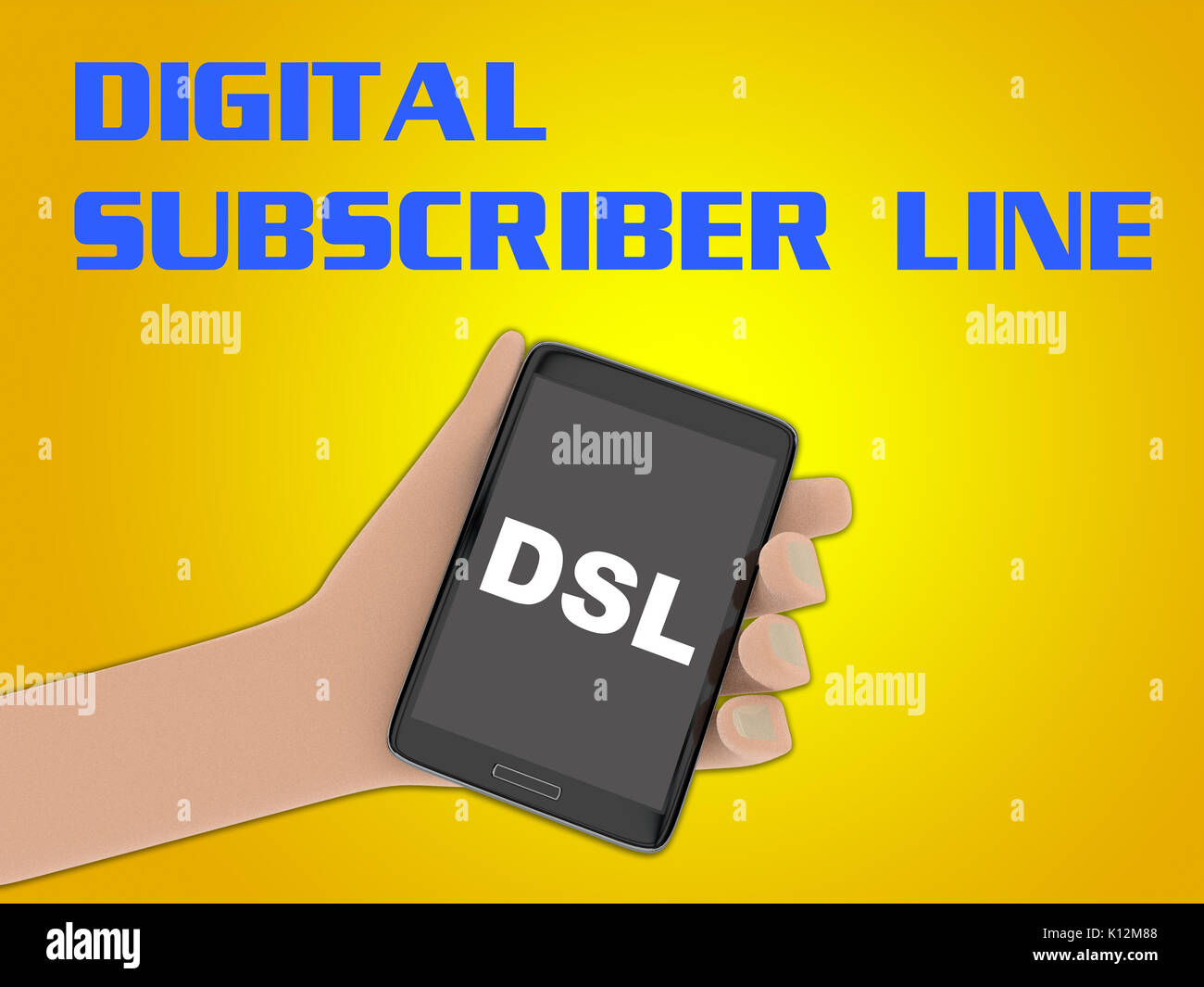 3D illustration of "DSL" script on the screen of a cellulr phone held ...
