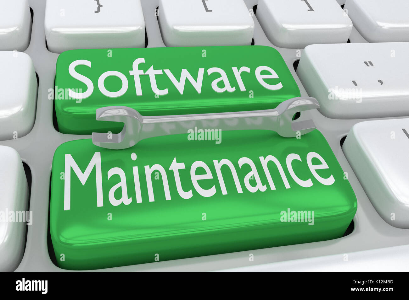 3D illustration of computer keyboard with the script "Software Maintenance" on two adjacent ...