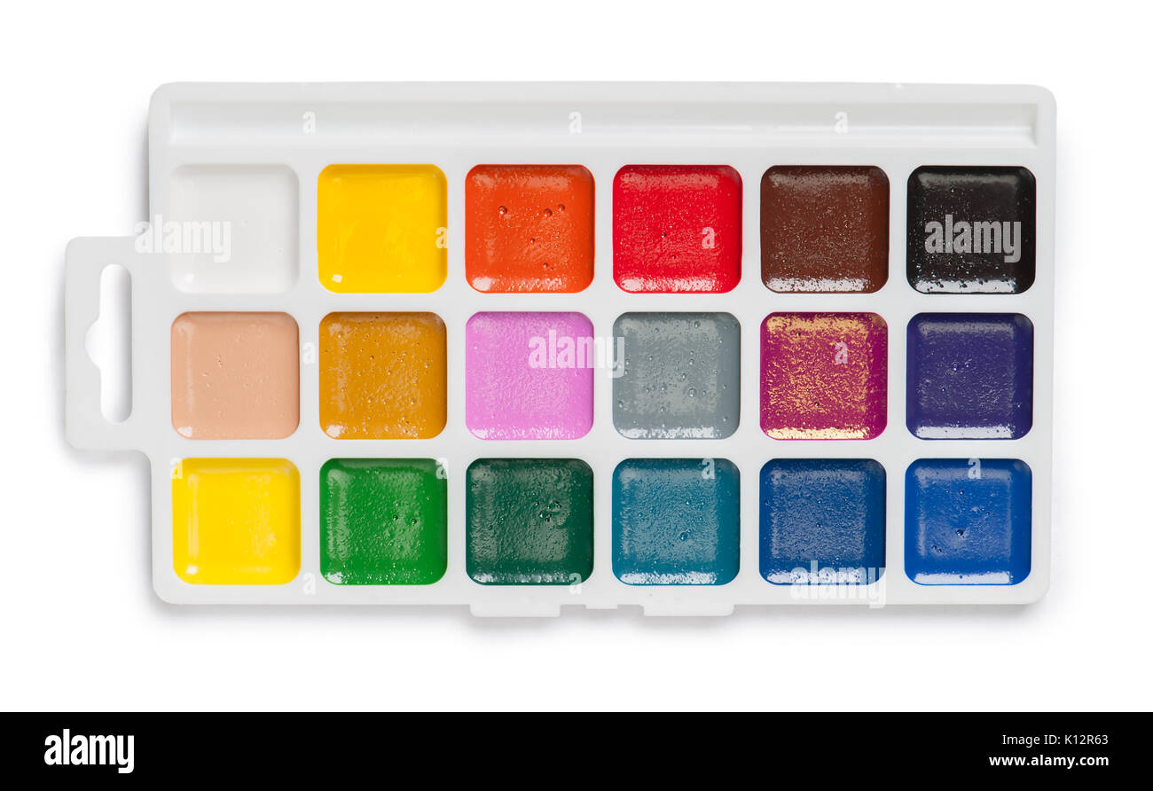 Different set of watercolors in the box isolated on white background ...