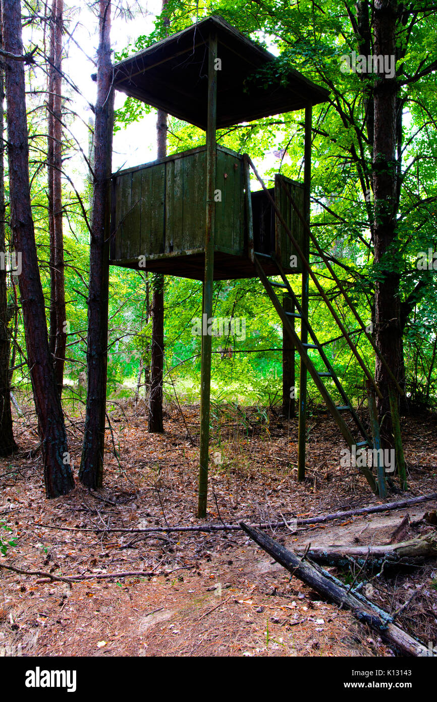 The old rickety watchtower of a soldier. Dead military unit ...