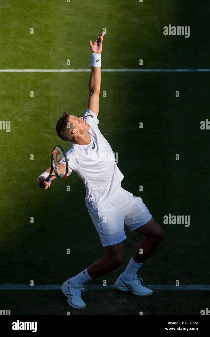 Vasek Pospisil of Canada in action at the Gentlemen's Singles ...