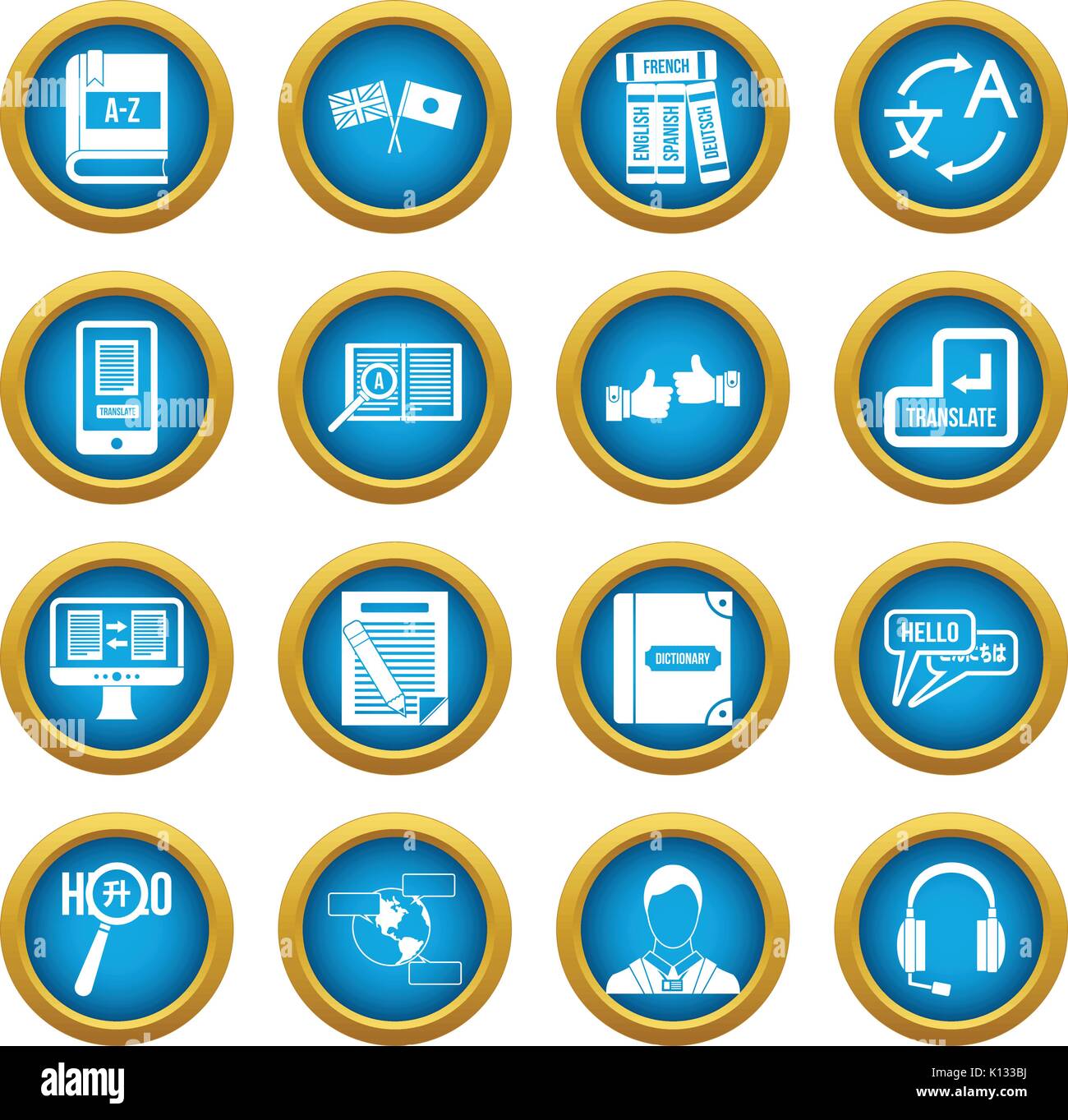 Learning foreign languages icons blue circle set Stock Vector Image ...