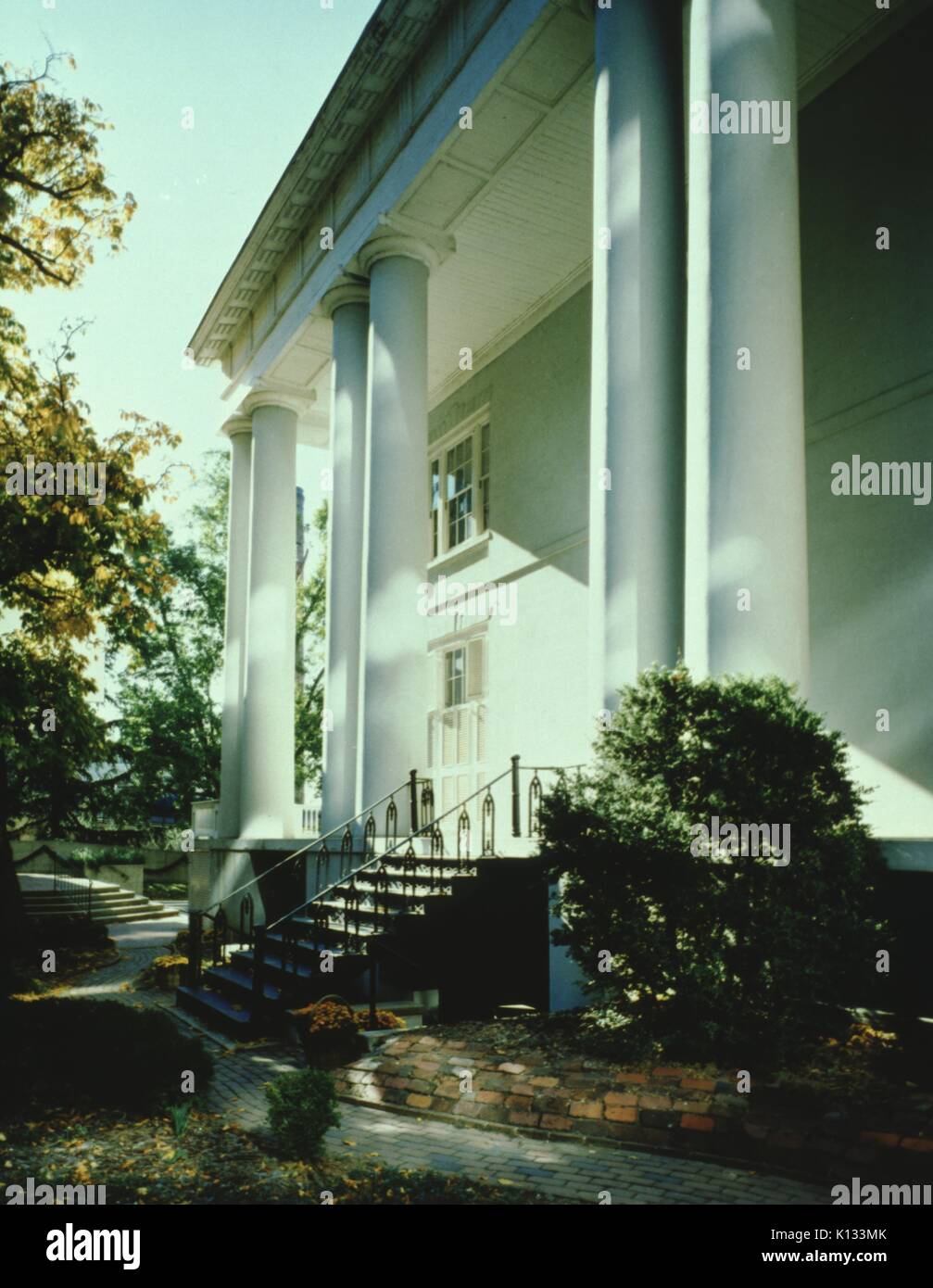 South portico of facade in sunlight at Whitehouse of the Confederacy ...