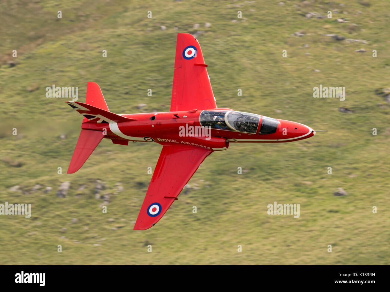 RAF Red Arrow Hawk on a low level training flight in the Mach Loop ...